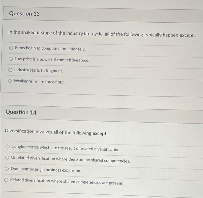 Solved Question 13 In the shakeout stage of the industry | Chegg.com