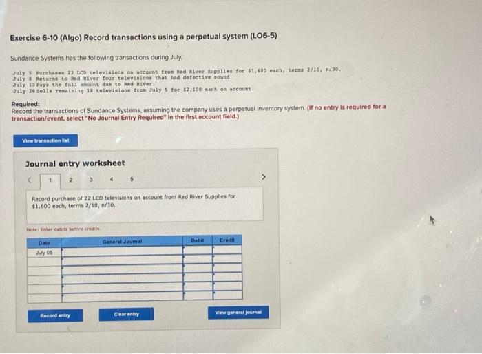 Solved Exercise 6-10 (Algo) Record transactions using a | Chegg.com