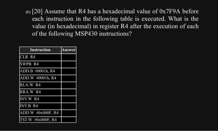 Solved (b) [20] Assume that R4 has a hexadecimal value of | Chegg.com