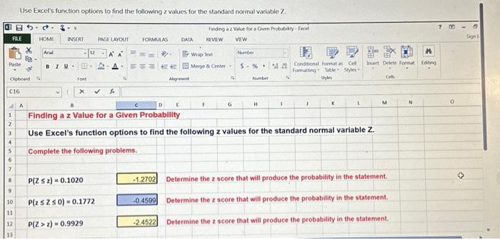Solved Use Excel's function options to find the following z | Chegg.com