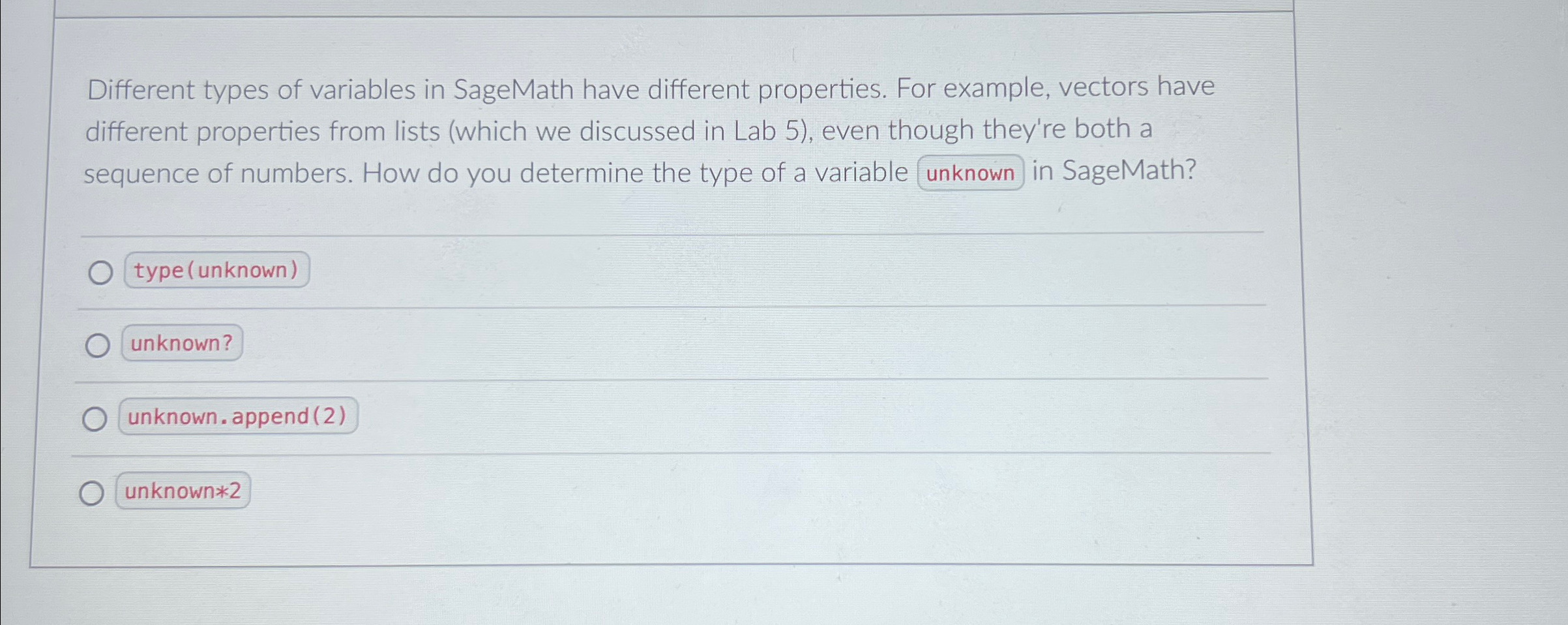 Solved Different types of variables in SageMath have | Chegg.com