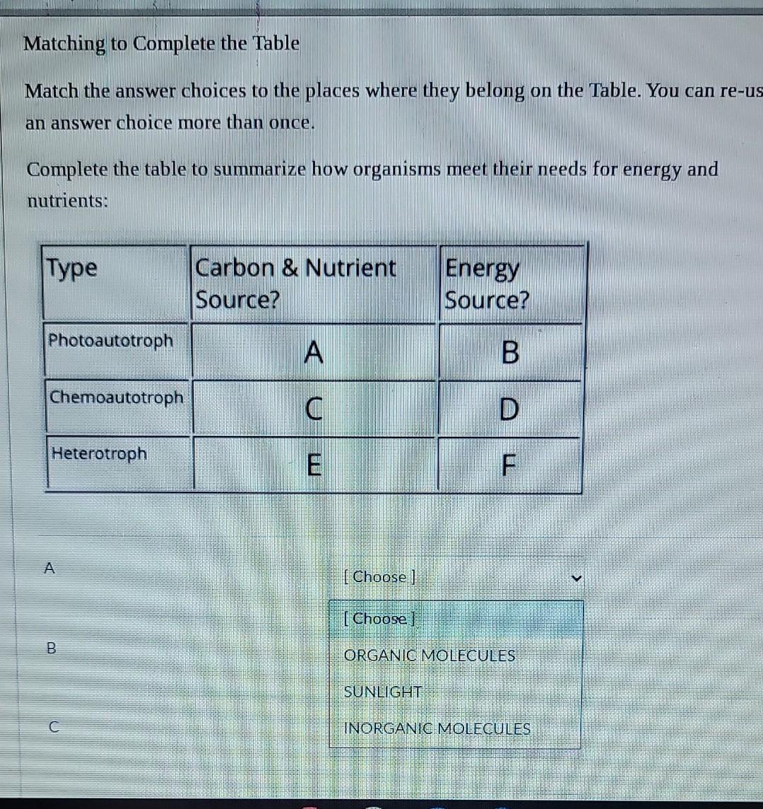 Solved Matching to Complete the Table Match the answer | Chegg.com