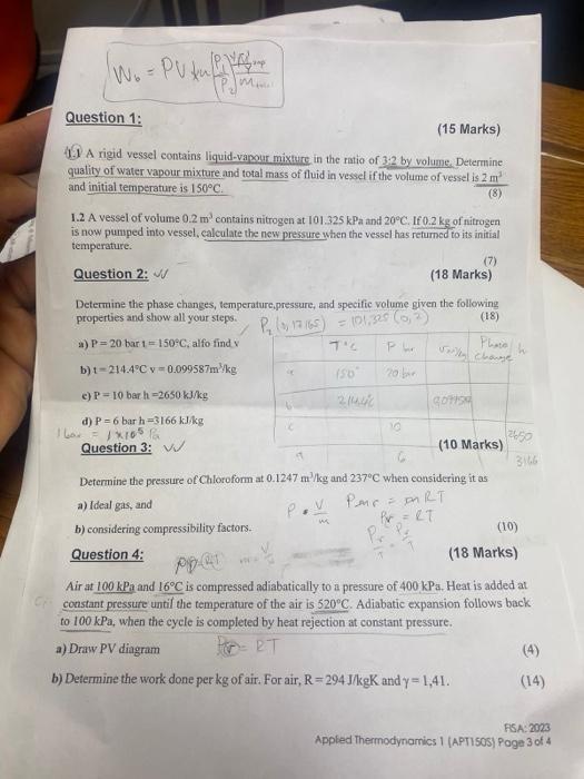 Solved |W₁ = Question 1: PV tu (15 Marks) A rigid vessel | Chegg.com