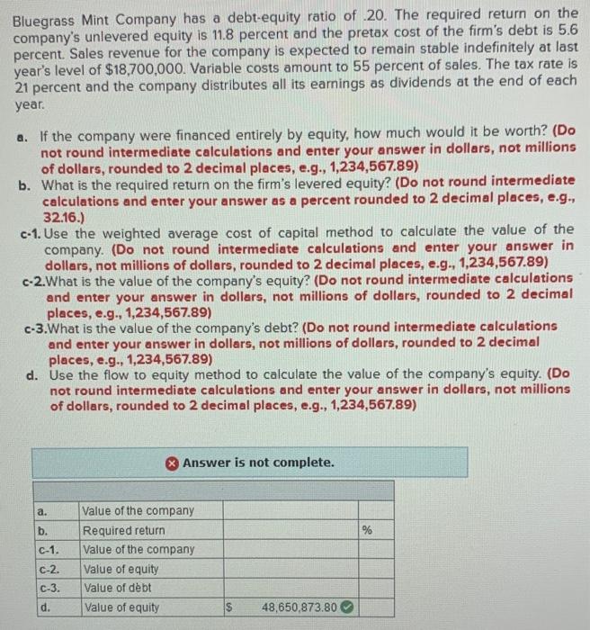 Solved Bluegrass Mint Company has a debt-equity ratio of | Chegg.com