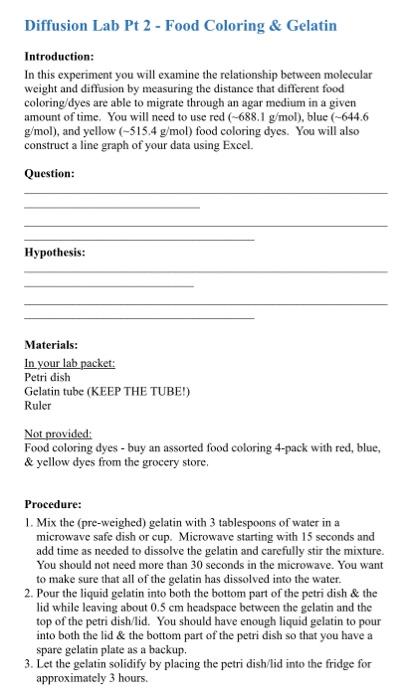 Diffusion Lab Pt 2 - Food Coloring & Gelatin | Chegg.com