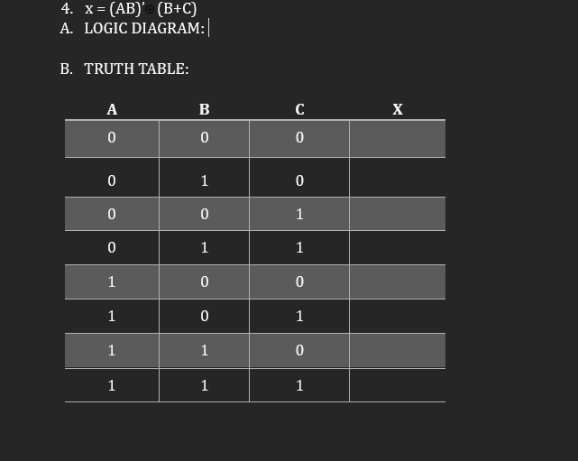 Solved x=(AB)'o+(B+C)A. ﻿LOGIC DIAGRAM:B. ﻿TRUTH TABLE: | Chegg.com