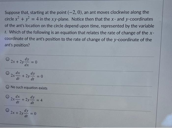 Solved Suppose that, starting at the point (-2,0), an ant | Chegg.com