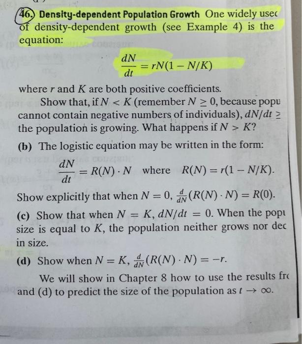 Solved 46. Density-dependent Population Growth One widely | Chegg.com