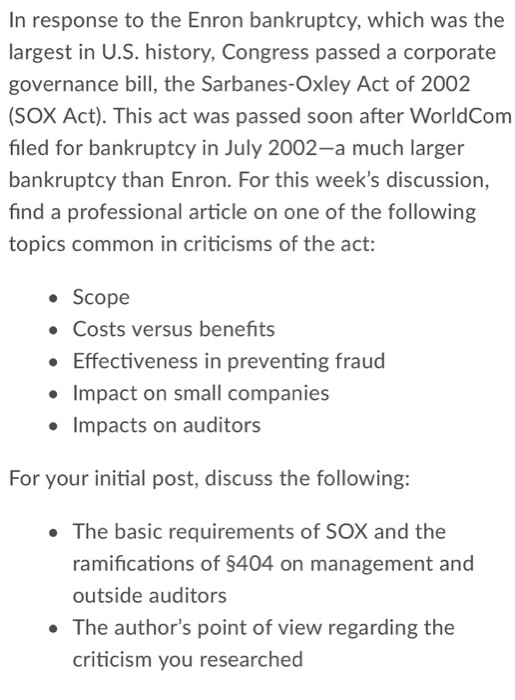 Solved In response to the Enron bankruptcy, which was the | Chegg.com