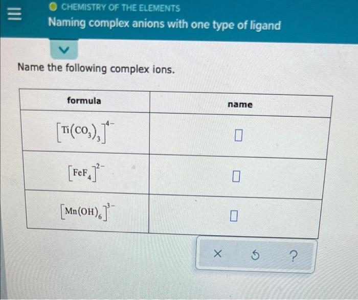 Solved O CHEMISTRY OF THE ELEMENTS Naming complex anions | Chegg.com