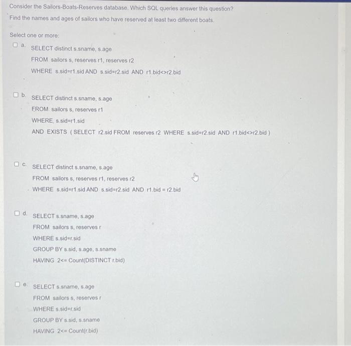 Solved - Consider the Sailors-Boats-Reserves DB described | Chegg.com
