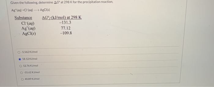 Solved Given the following, determine AG at 298 K for the | Chegg.com