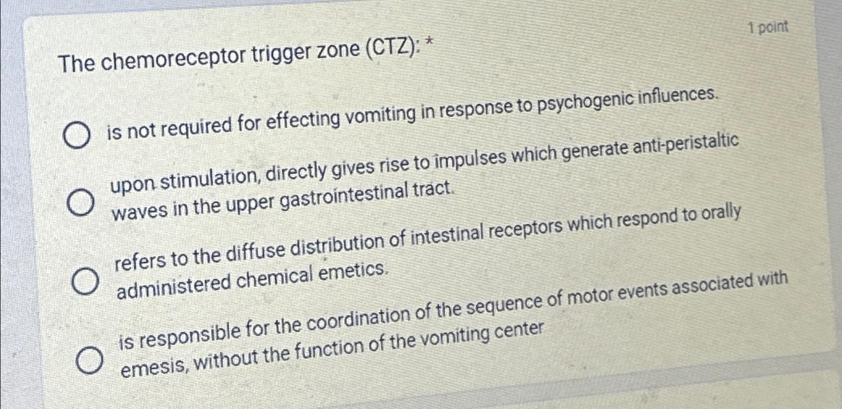 Solved The chemoreceptor trigger zone (CTZ): *1 ﻿point is | Chegg.com