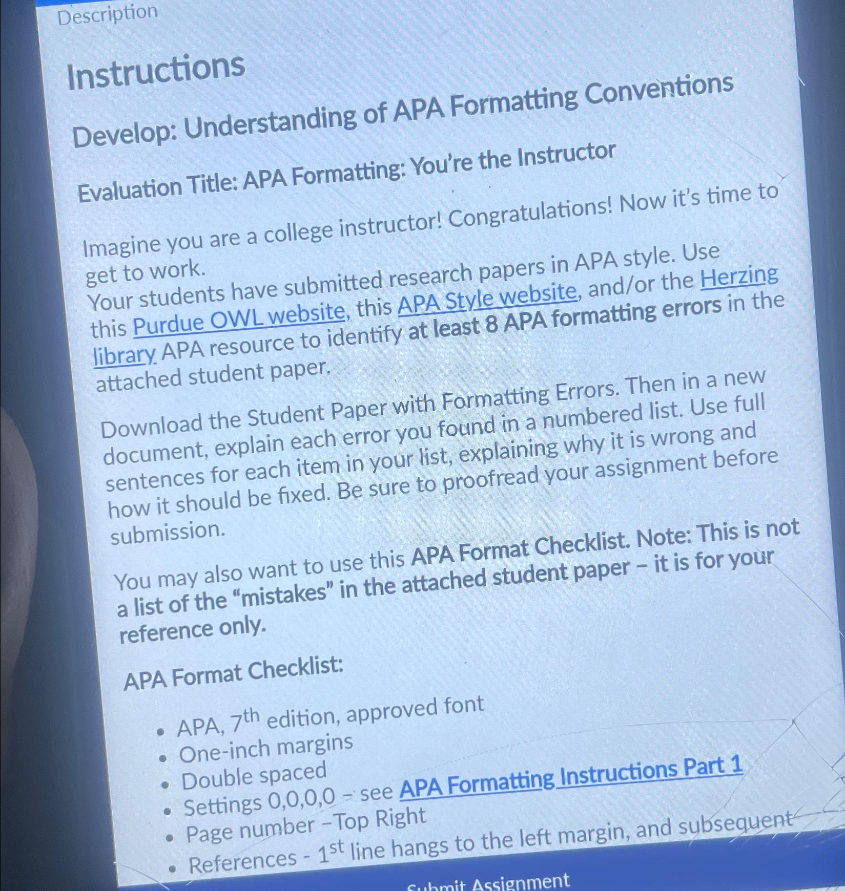 Solved DescriptionInstructionsDevelop: Understanding of APA | Chegg.com