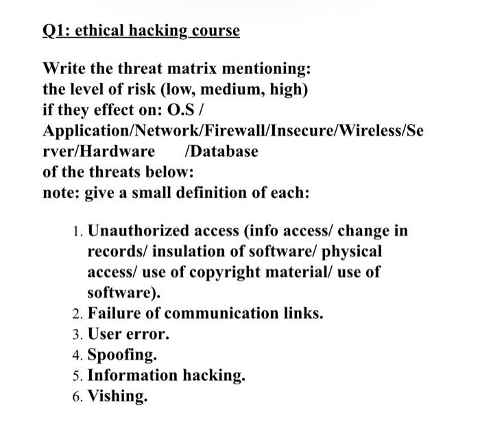 Solved Q1: ethical hacking course Write the threat matrix | Chegg.com