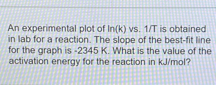 Solved An experimental plot of ln(k) vs. 1/T is obtained in | Chegg.com