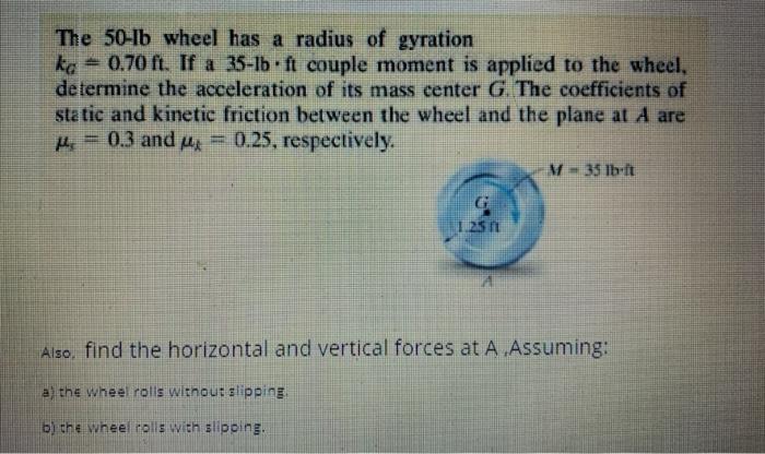 Solved The 50-Ib wheel has a radius of gyration ko - 0.70 | Chegg.com