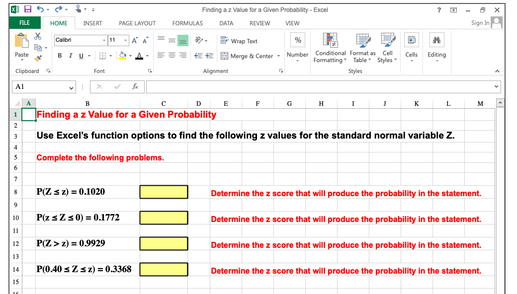 Solved Use Excel’s function options to find the following z | Chegg.com