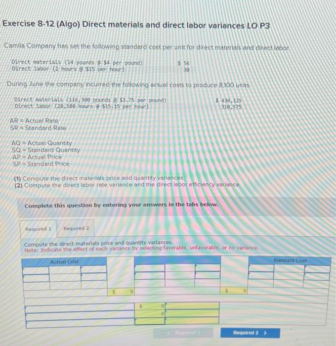 Solved xercise 8-12 (Algo) Direct materials and direct labor | Chegg.com Solved xercise 8-12 (Algo) Direct materials and direct labor | Chegg.com