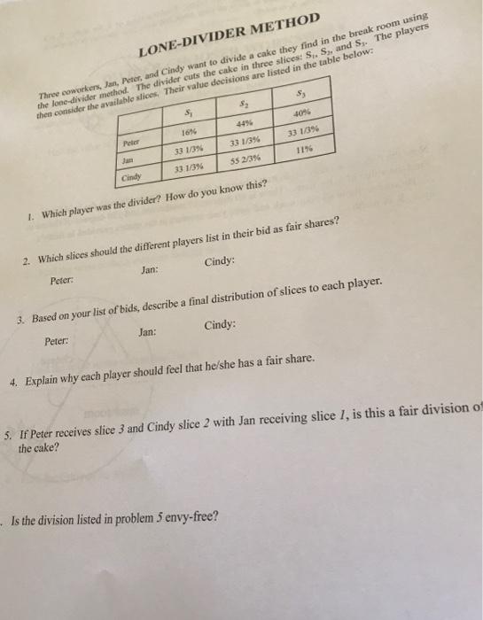 Solved LONE-DIVIDER METHOD rindy want to divide a cake they | Chegg.com
