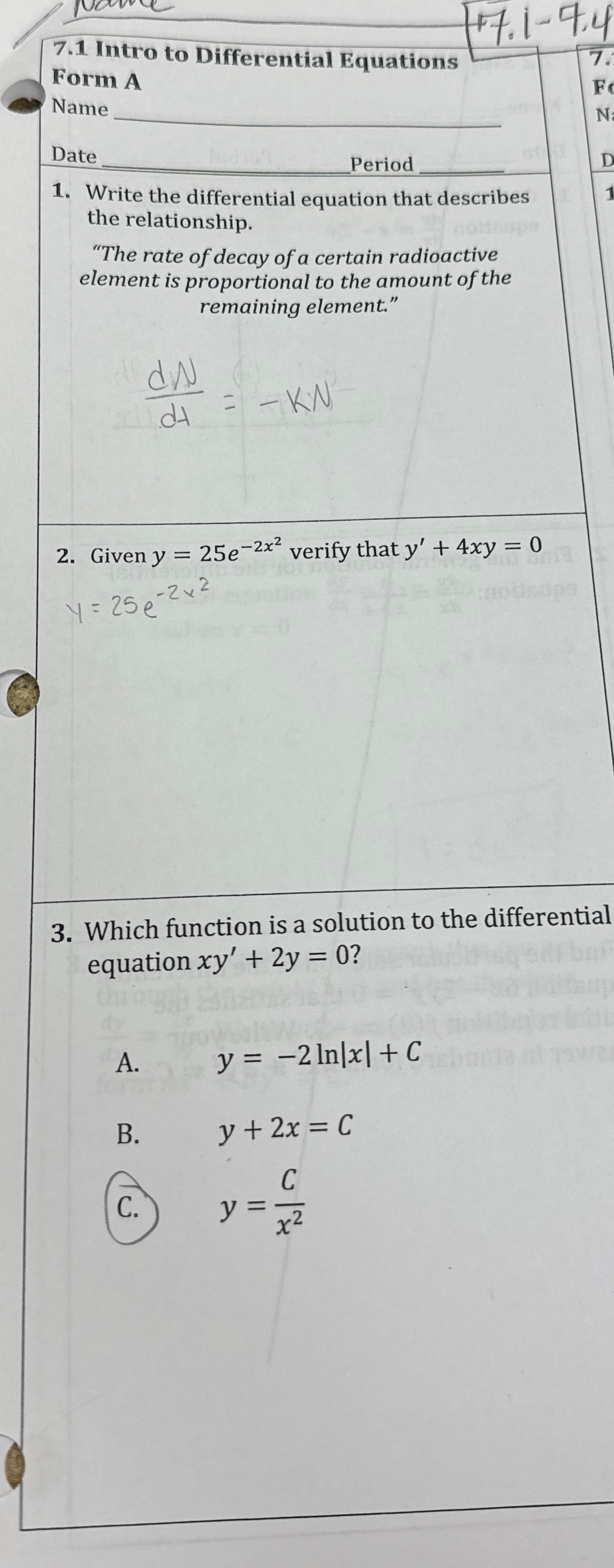 Solved 7.1 ﻿Intro to Differential Equations Form AName | Chegg.com