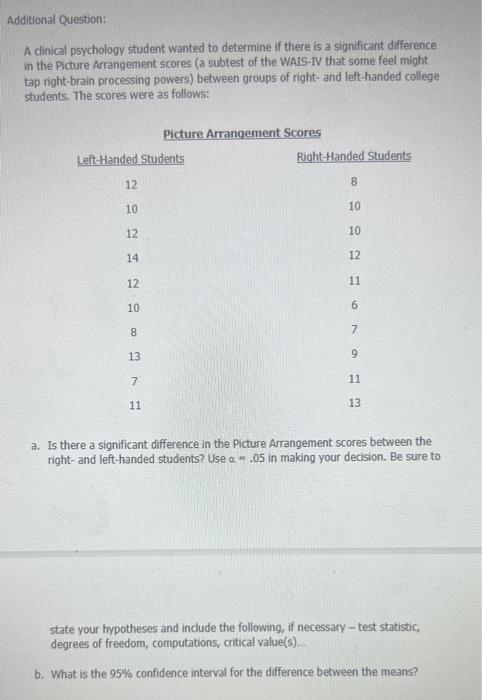 Solved Additional Question: A dinical psychology student | Chegg.com