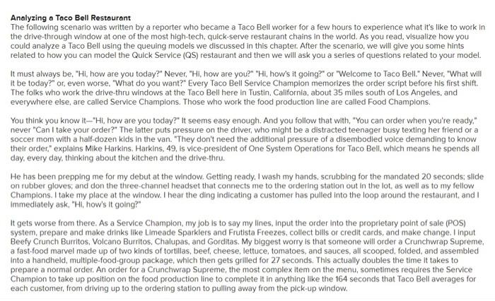 Solved Analyzing a Taco Bell Restaurant The following | Chegg.com