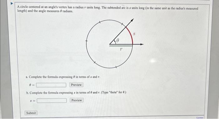 Solved A circle centered at an angle's vertex has a radius r | Chegg.com