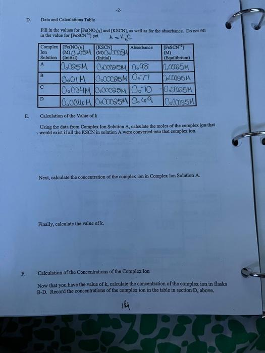 A. Calculation of Reactant Concentrations Fill in the | Chegg.com