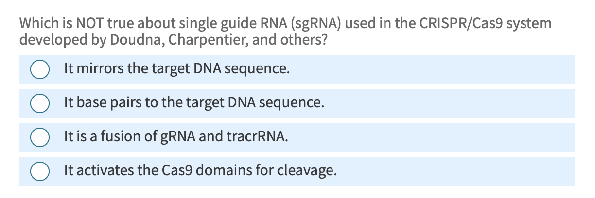 Solved Which is NOT true about single guide RNA (sgRNA) | Chegg.com