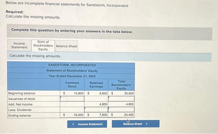 Solved Below are incomplete financial statements for | Chegg.com