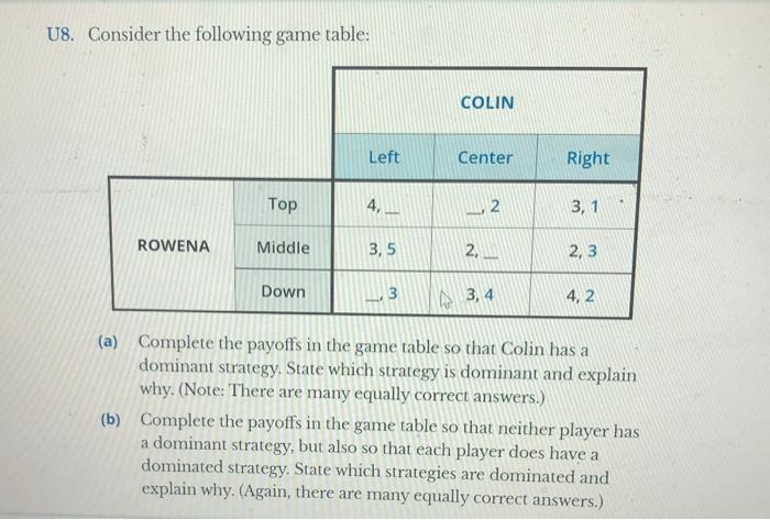 Solved U8. Consider the following game table: COLIN Left | Chegg.com