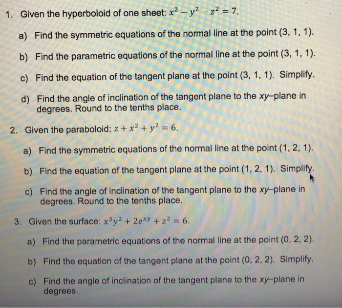 Solved 1. Given the hyperboloid of one sheet: x2 - y2 – z2 = | Chegg.com
