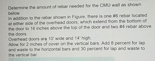 Solved Determine the amount of rebar needed for the CMU wall | Chegg.com