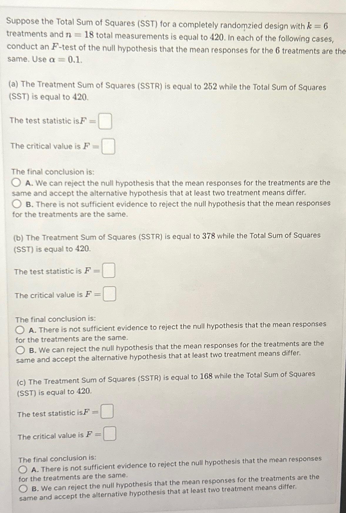 Solved Suppose the Total Sum of Squares (SST) ﻿for a | Chegg.com