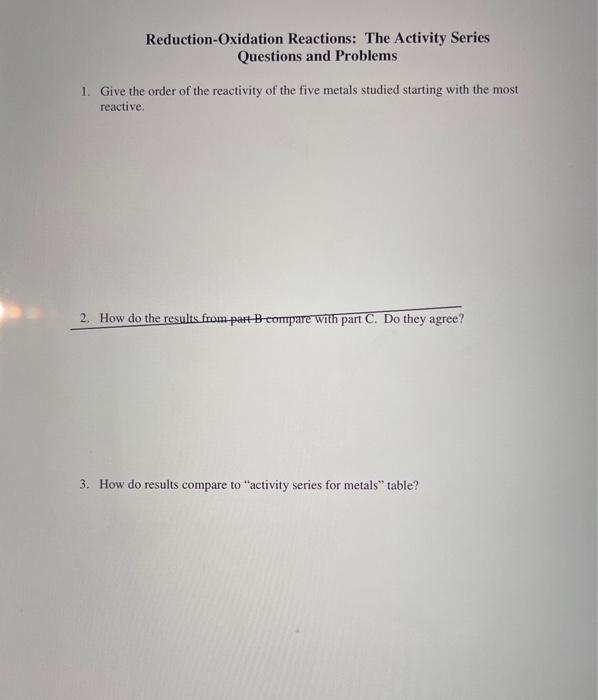 Solved Reduction-Oxidation Reactions: The Activity Series | Chegg.com