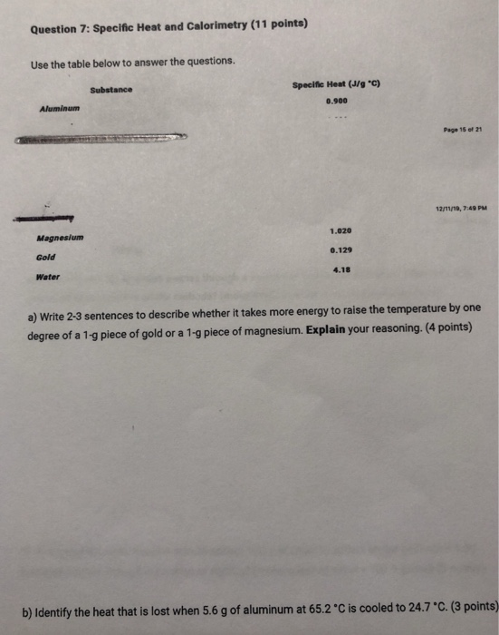 Solved Question 7: Specific Heat and Calorimetry (11 | Chegg.com