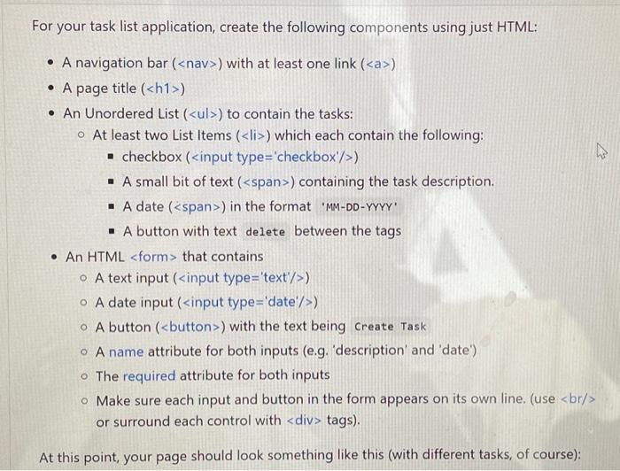 Solved For your task list application, create the following | Chegg.com