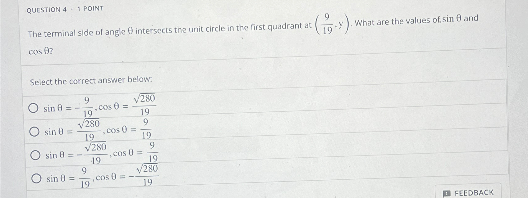 Solved QUESTION 4 - 1 ﻿POINTThe terminal side of angle θ | Chegg.com