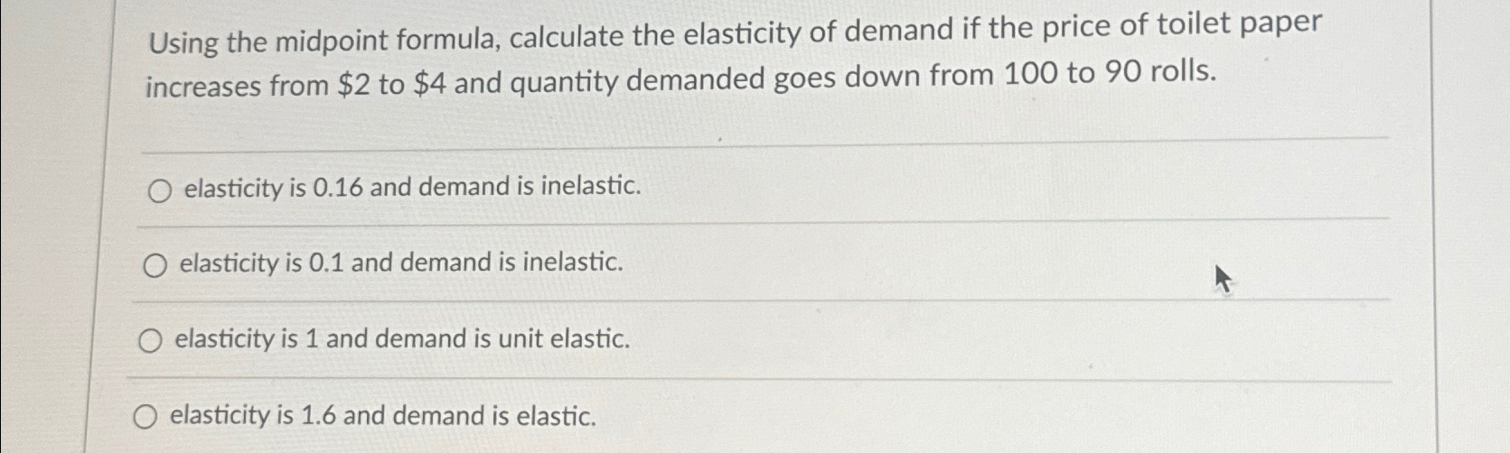 Solved Using the midpoint formula, calculate the elasticity | Chegg.com