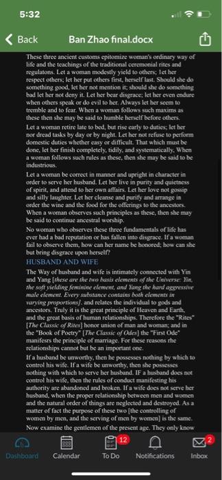 Primary Source Reading - Ban Zhao Ban Zhao, was a | Chegg.com