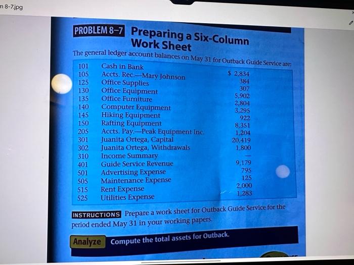 Solved PROBLEM 8-7 Preparing a Six-Column Work Sheet The | Chegg.com