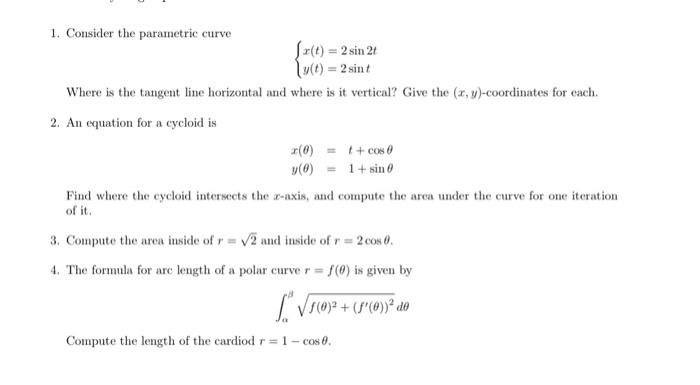Solved 1. Consider the parametric curve | Chegg.com
