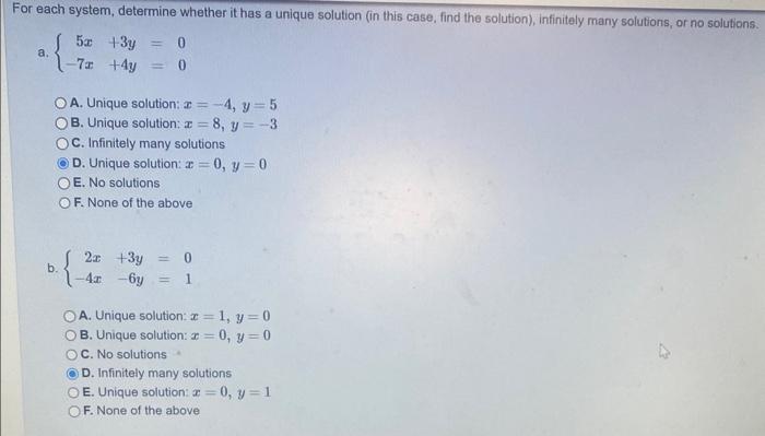 Solved or each system, determine whether it has a unique | Chegg.com