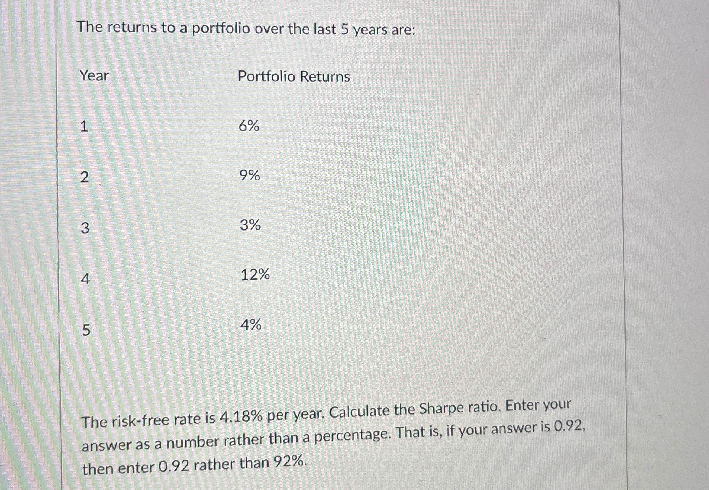 Solved The returns to a portfolio over the last 5 ﻿years | Chegg.com