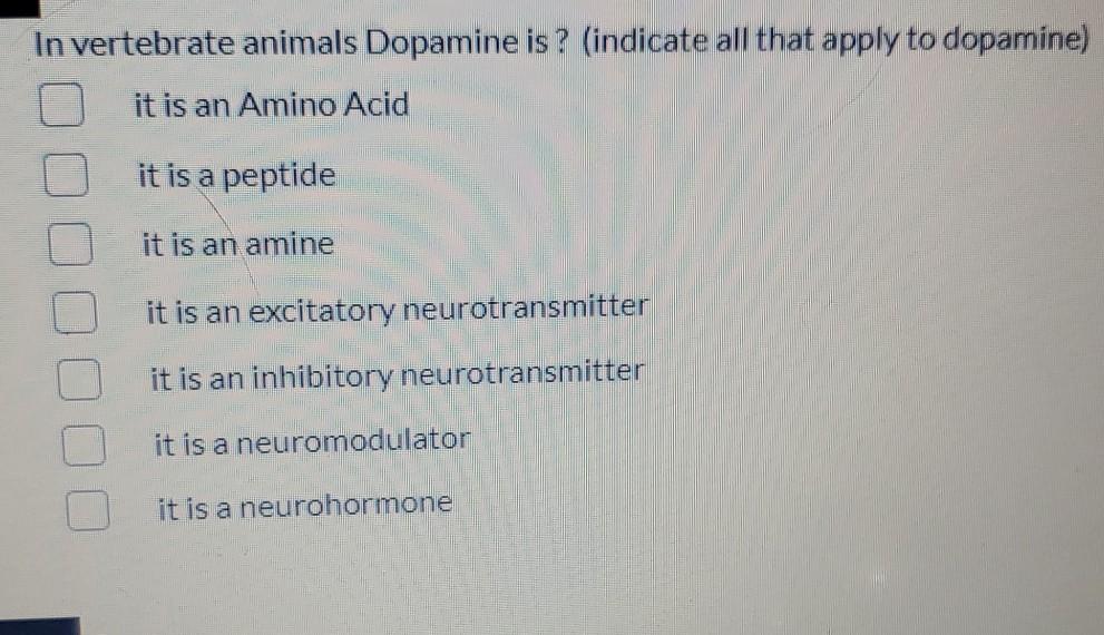 Solved In vertebrate animals Dopamine is? (indicate all that | Chegg.com