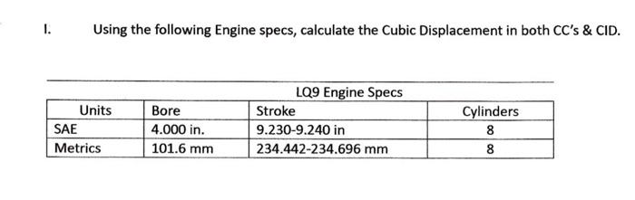 Solved Using the following Engine specs, calculate the Cubic | Chegg.com