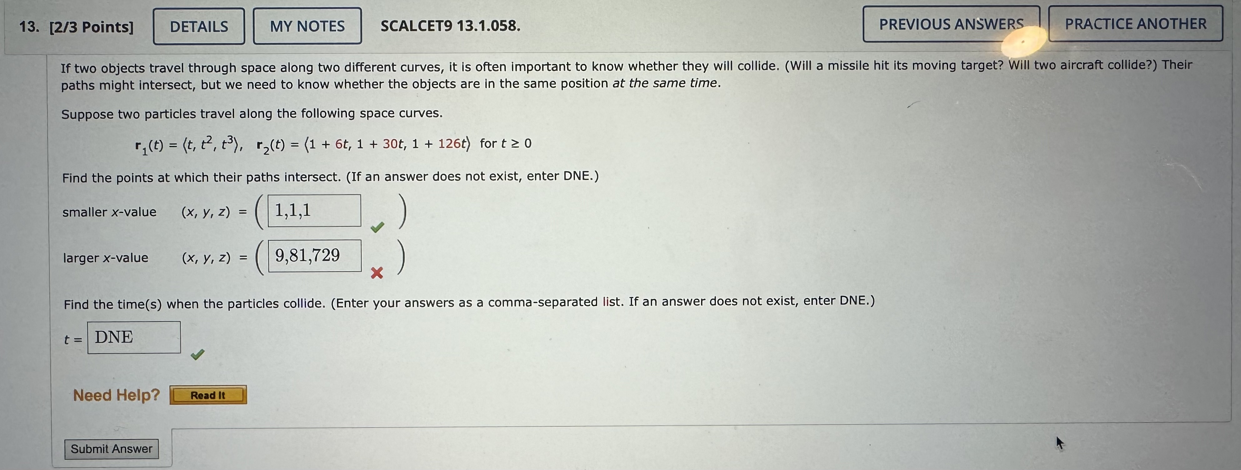 Solved If two objects travel through space along two | Chegg.com