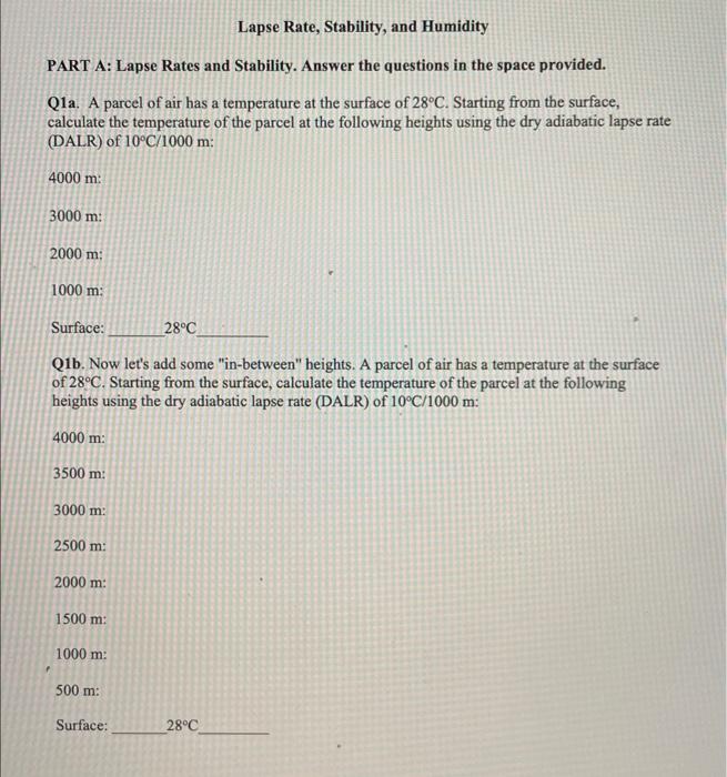 PART A: Lapse Rates and Stability. Answer the | Chegg.com