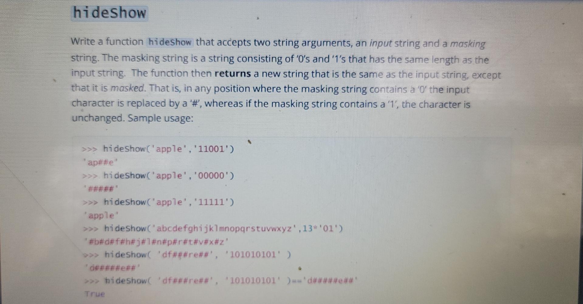 Solved Hideshow Write A Function Hideshow That Accepts Two 